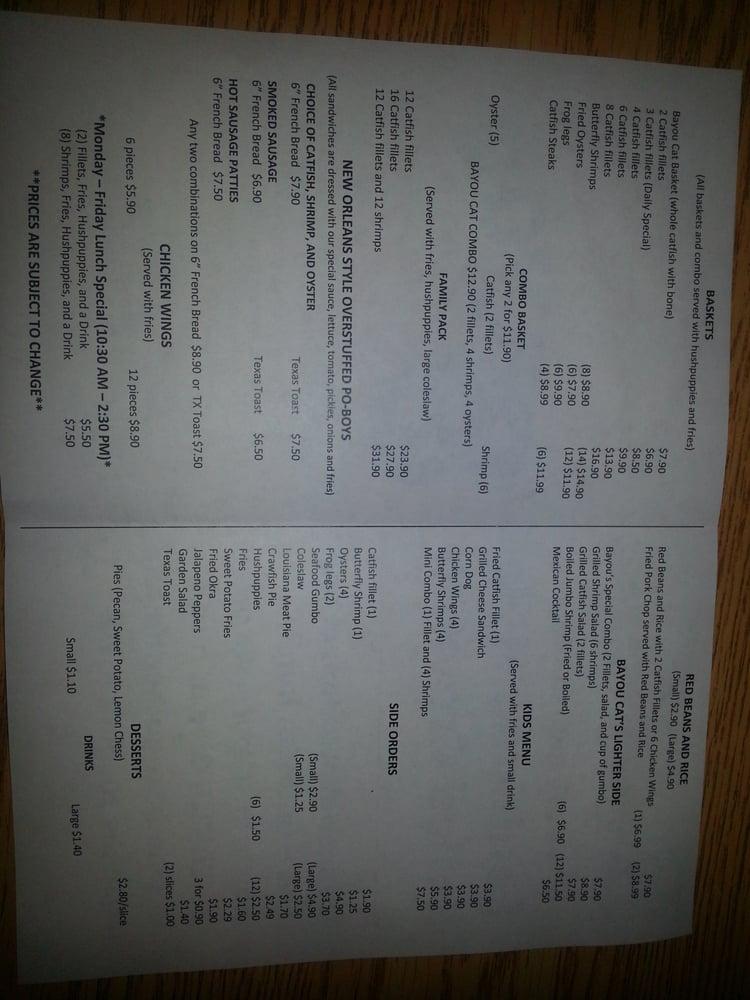 Menu at Bayou Cat restaurant, Arlington