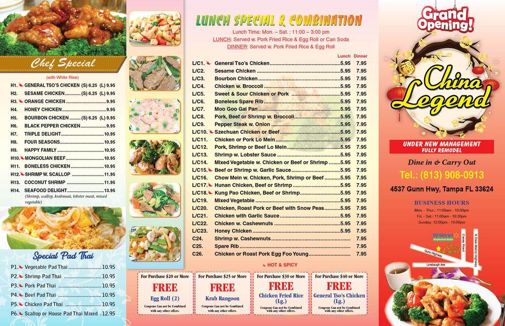 Menu at China Legend restaurant, Tampa, Gunn Hwy