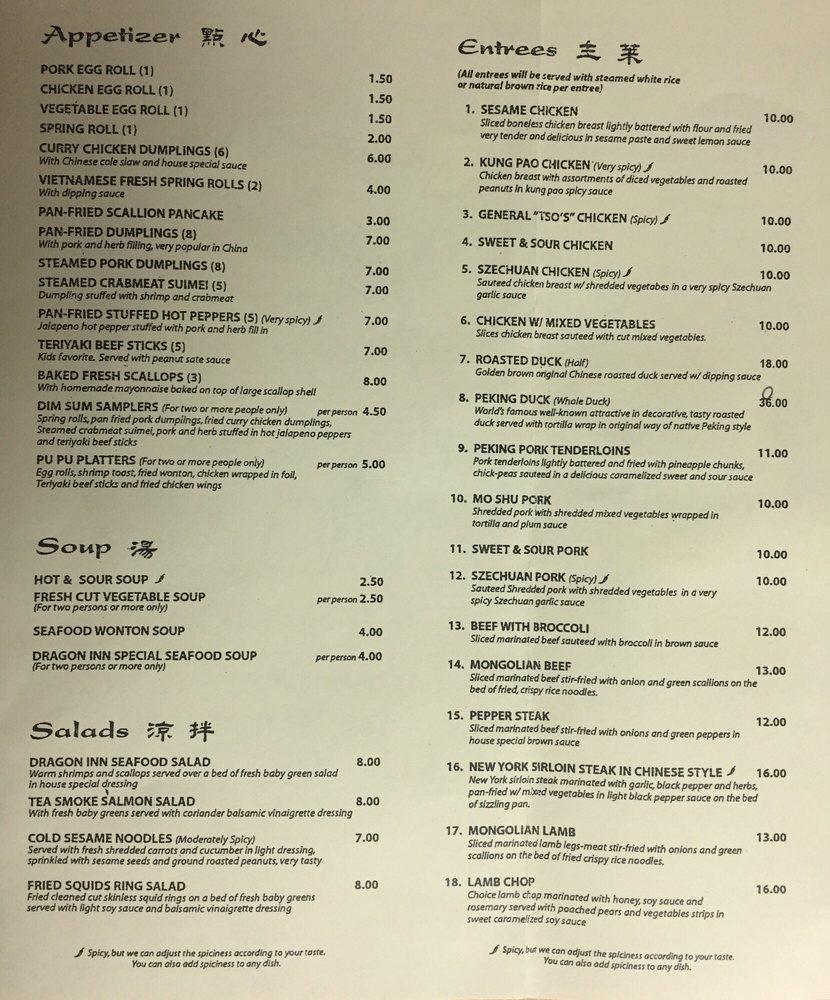 Menu at Dragon Inn restaurant, Juneau