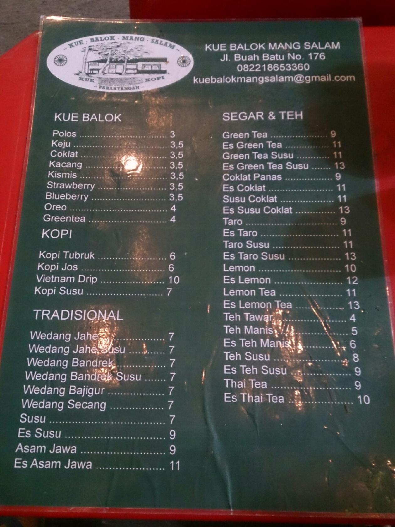 Menu at KUE BALOK MANG SALAM - BUBAT cafe, Bandung, Jl. Buah Batu No.174