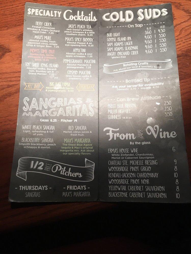 Menu at Max & Erma's restaurant, Erie