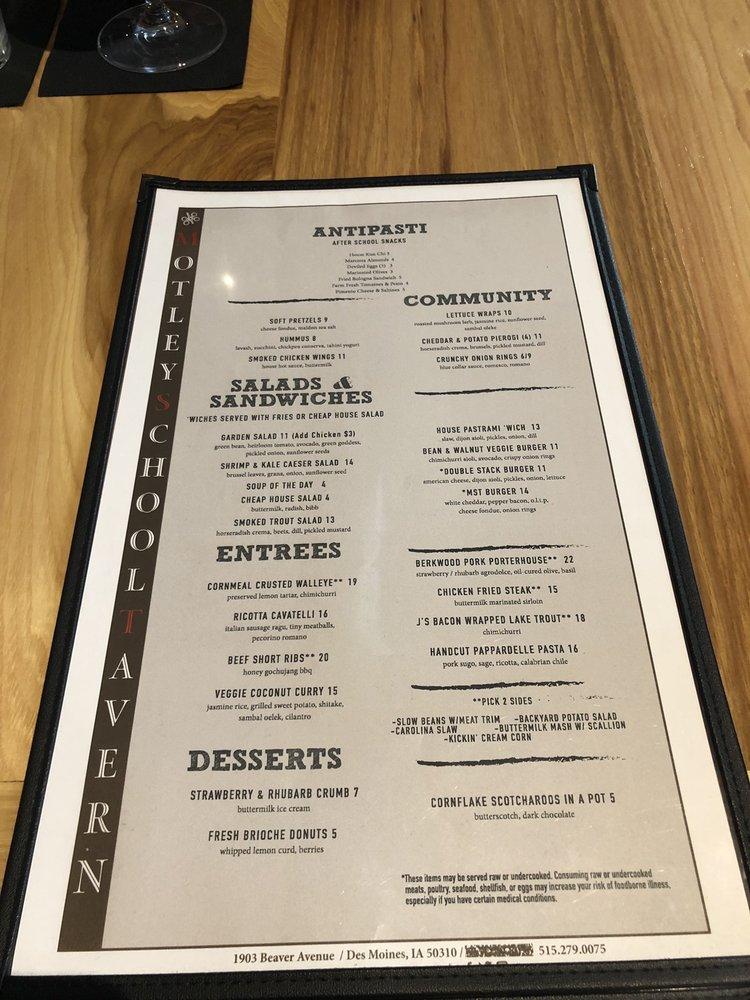 Menu at Motley School Tavern restaurant, Des Moines