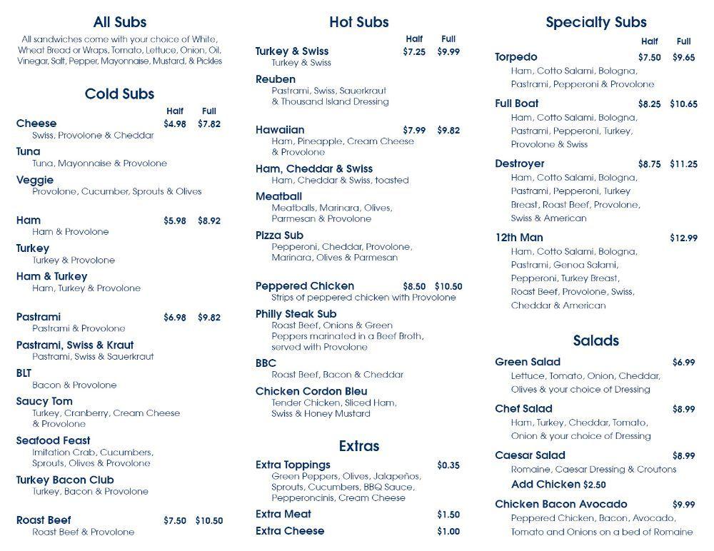 Menu at SS Sub Shop restaurant, Wenatchee, 414 N Miller St