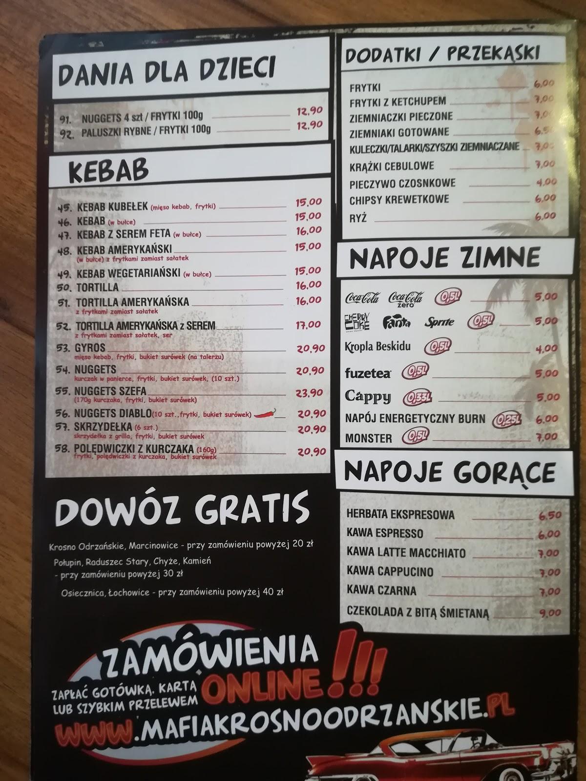 Menu at Pizzeria Mafia, Krosno Odrzańskie