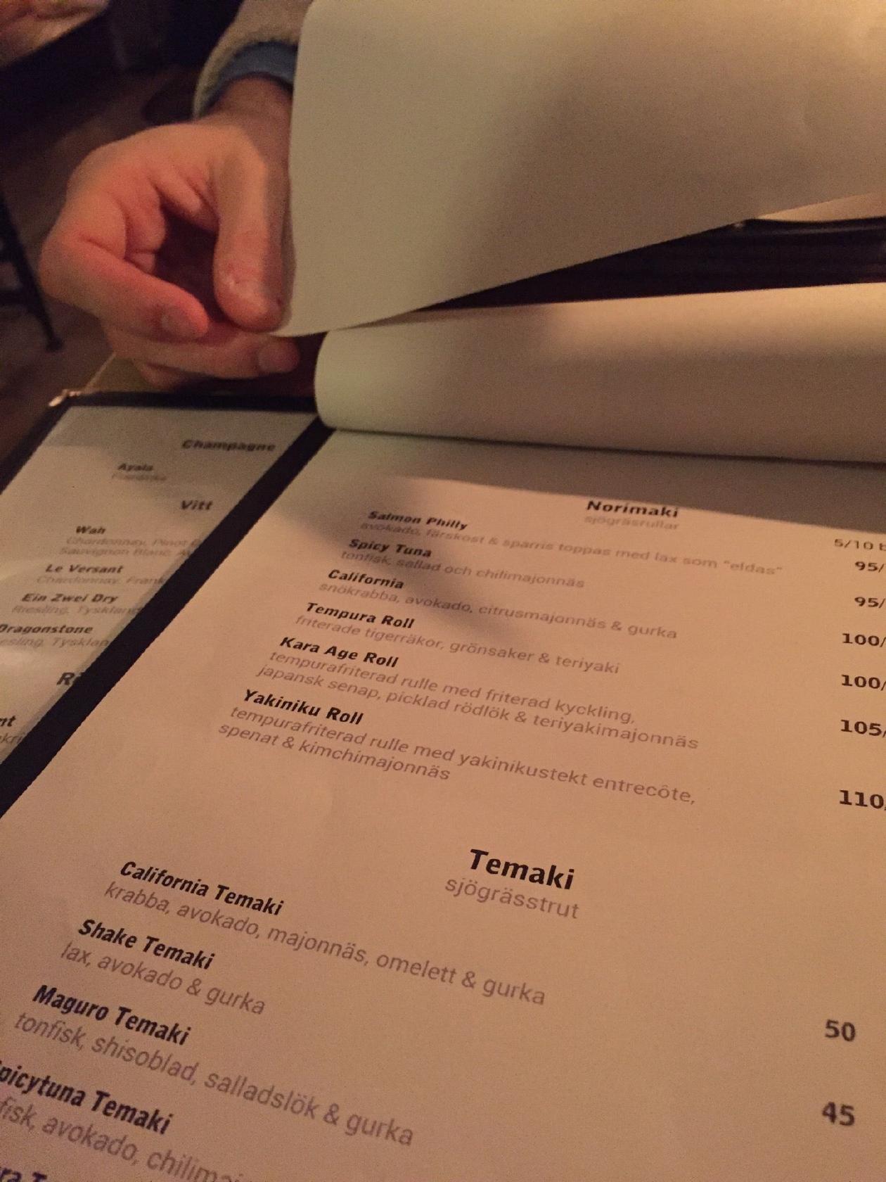 Menu at Roppongi - Sushi Kungsholmen restaurant, Stockholm