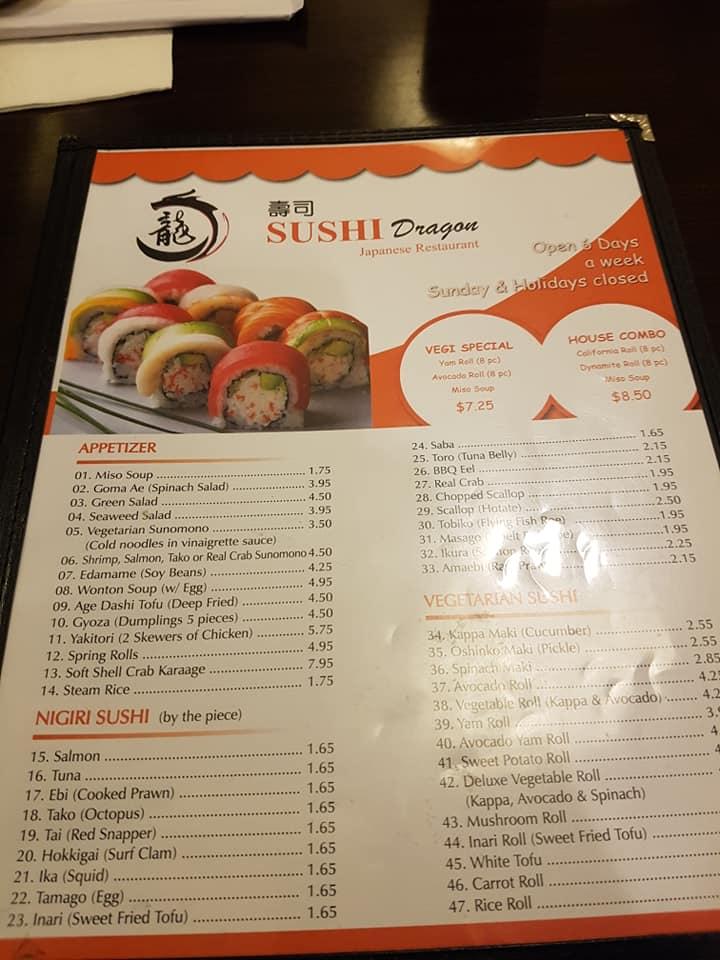 Menu at Sushi Dragon restaurant, Vancouver