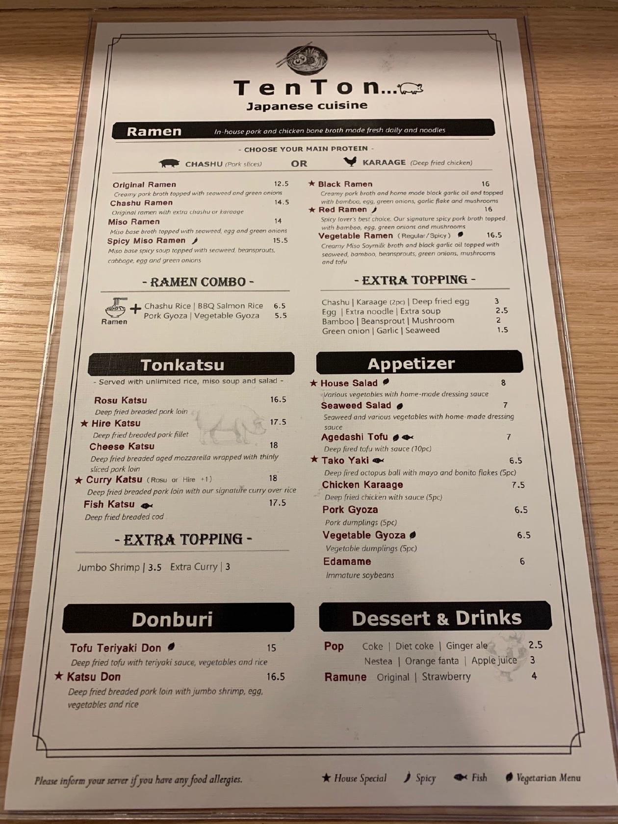 Menu at Tenton Ramen N Tonkatsu restaurant, West Vancouver