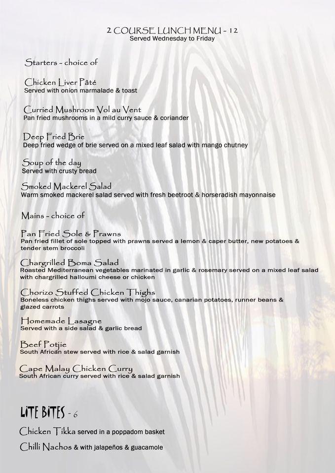 Menu at The Boma restaurant, Alhaurín el Grande, Av. de Mijas