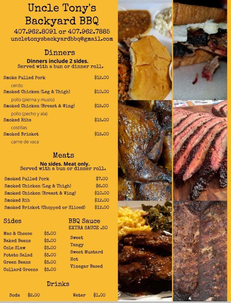 Menu at Uncle Tony's Backyard BBQ, Orlando, South Orange Ave Ste B