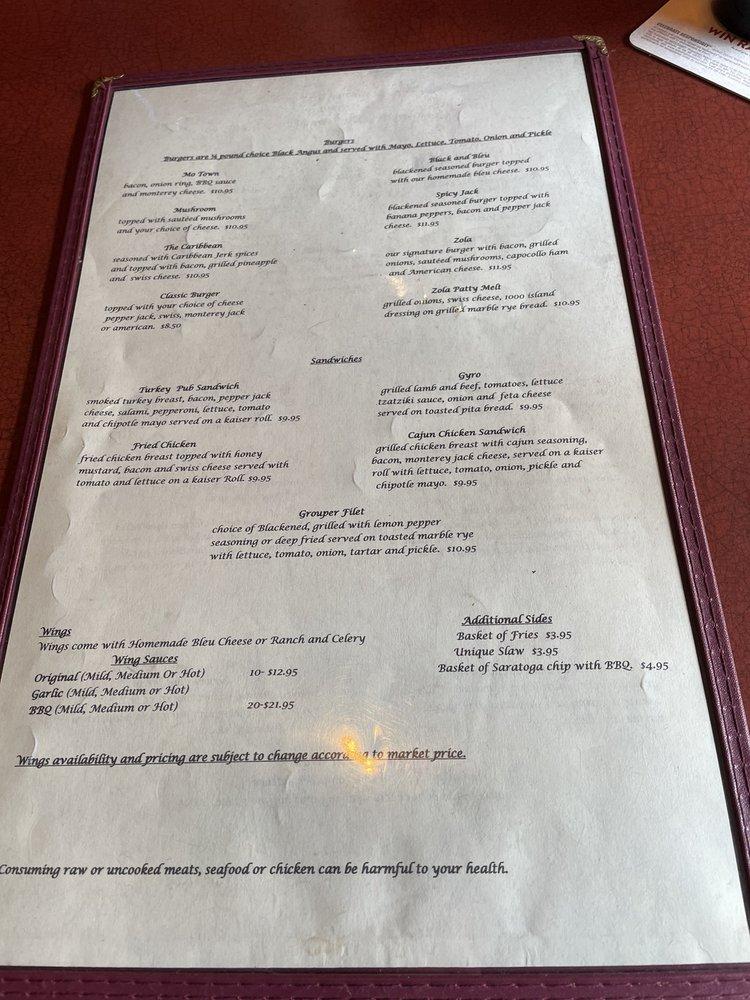 Menu at Zola Pub and Grill, Covington