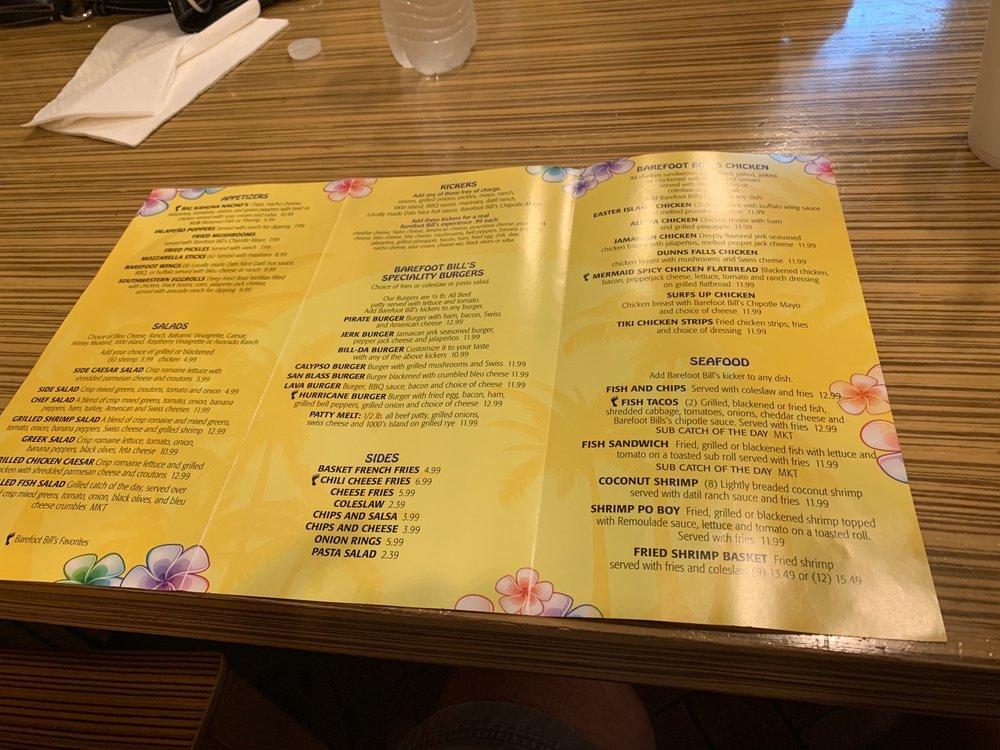 Menu at Barefoot Bill's Island Grill, St. Augustine