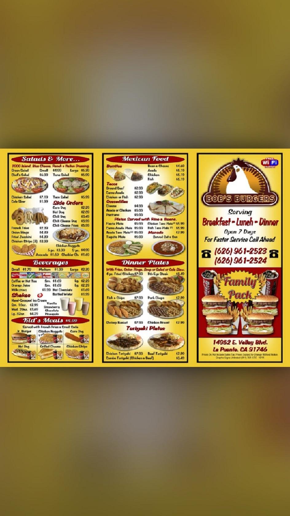 Menu at Bob's Burgers fast food, La Puente