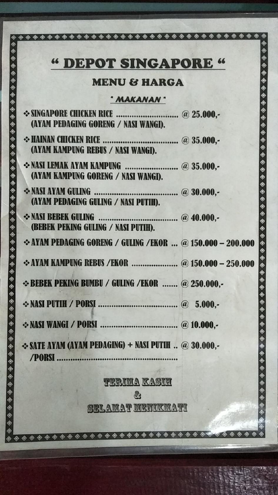 Menu at Depot Singapore restaurant, Tarakan