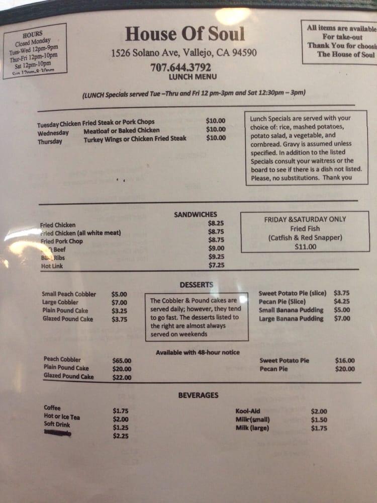 Menu at House of Soul restaurant, Vallejo, Solano Ave