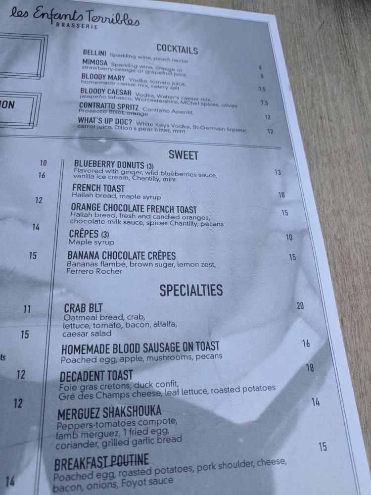 Menu au Les Enfants Terribles - Au Sommet Place Ville Marie restaurant ...