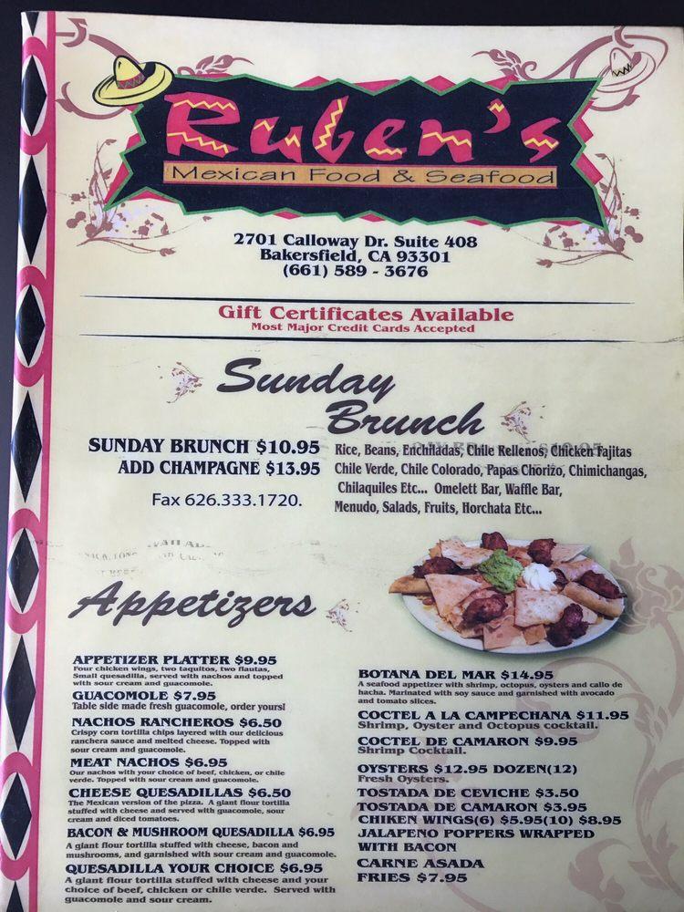 Menu at Ruben's Mexican Restaurant, Bakersfield