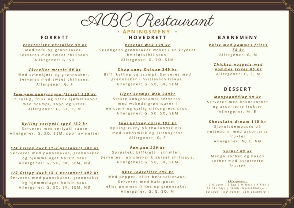 Menu at ABC Restaurant, Strømmen
