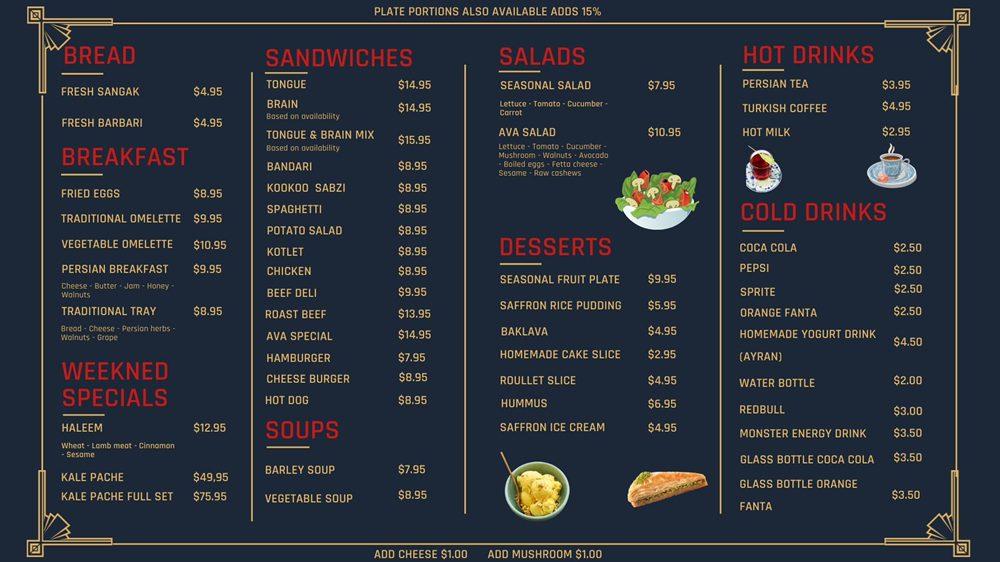 Carta de Ava Bakery and persian Restaurant, Phoenix