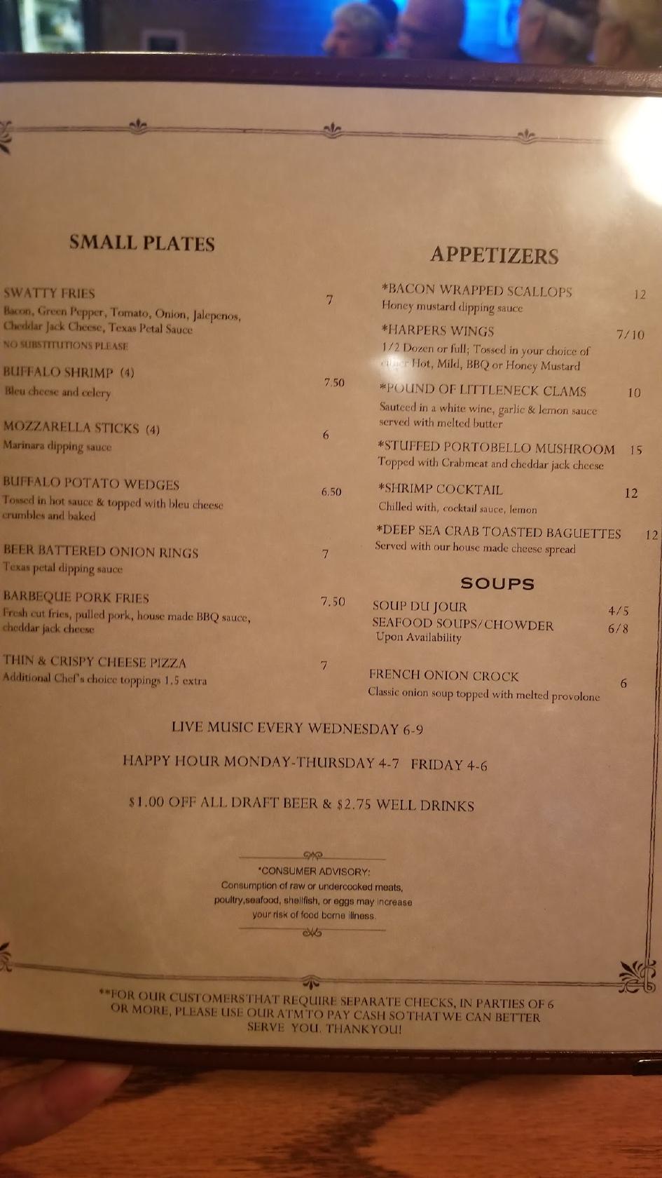 Menu at Harper’s Tavern steakhouse, Fort Indiantown Gap