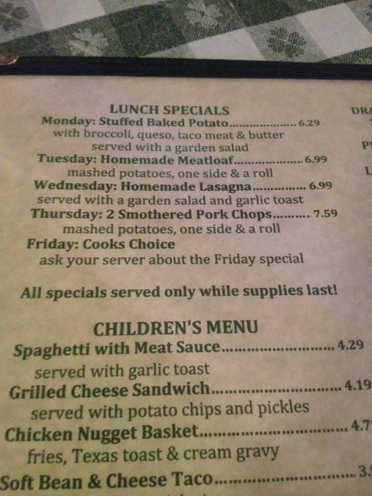Menu at Pat's Place restaurant, New Braunfels