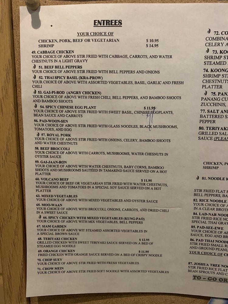 Menu at Royal Siam Cuisine Thai Restaurant, Joshua Tree