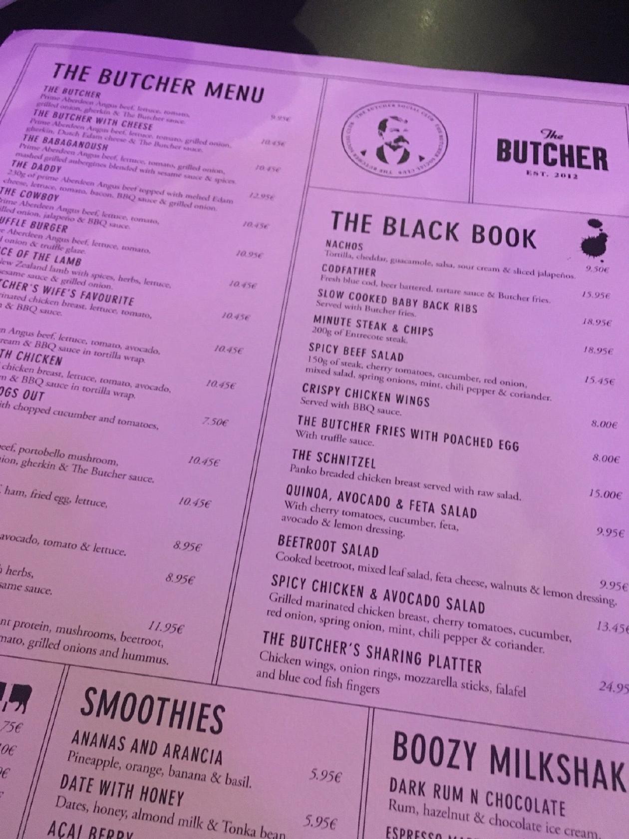 Menu at THE BUTCHER Social Club, Amsterdam, Overhoeksplein 1