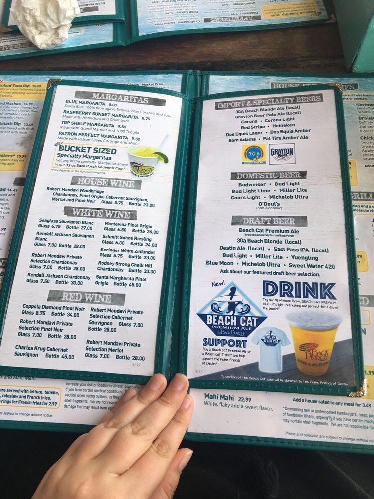 Menu at The Back Porch restaurant, Destin