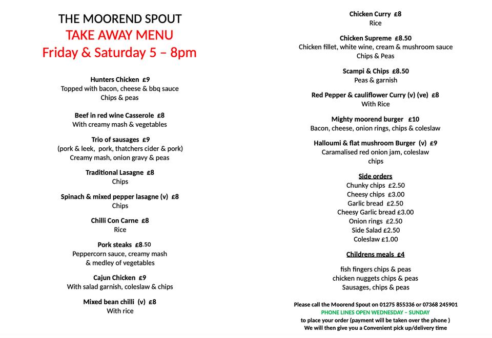 Menu at The Moorend Spout pub & bar, Bristol, 1 Union St