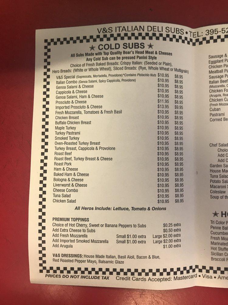Menu at V & S Italian Deli restaurant, Boca Raton