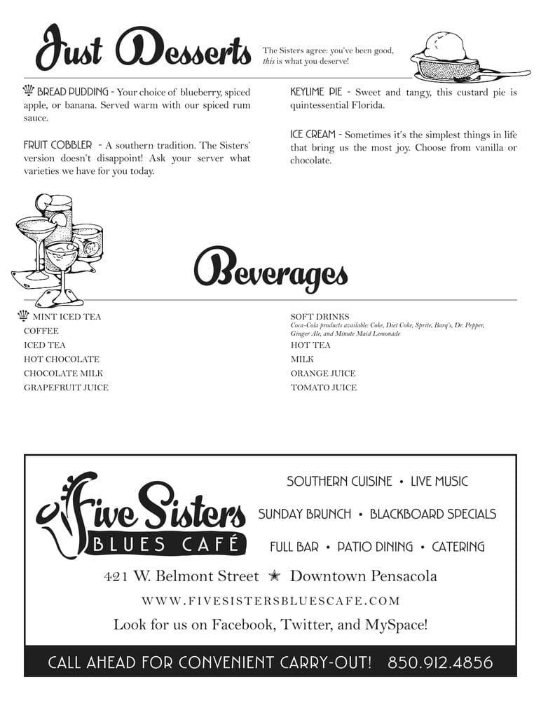 Menu at Five Sisters Blues Cafe, Pensacola