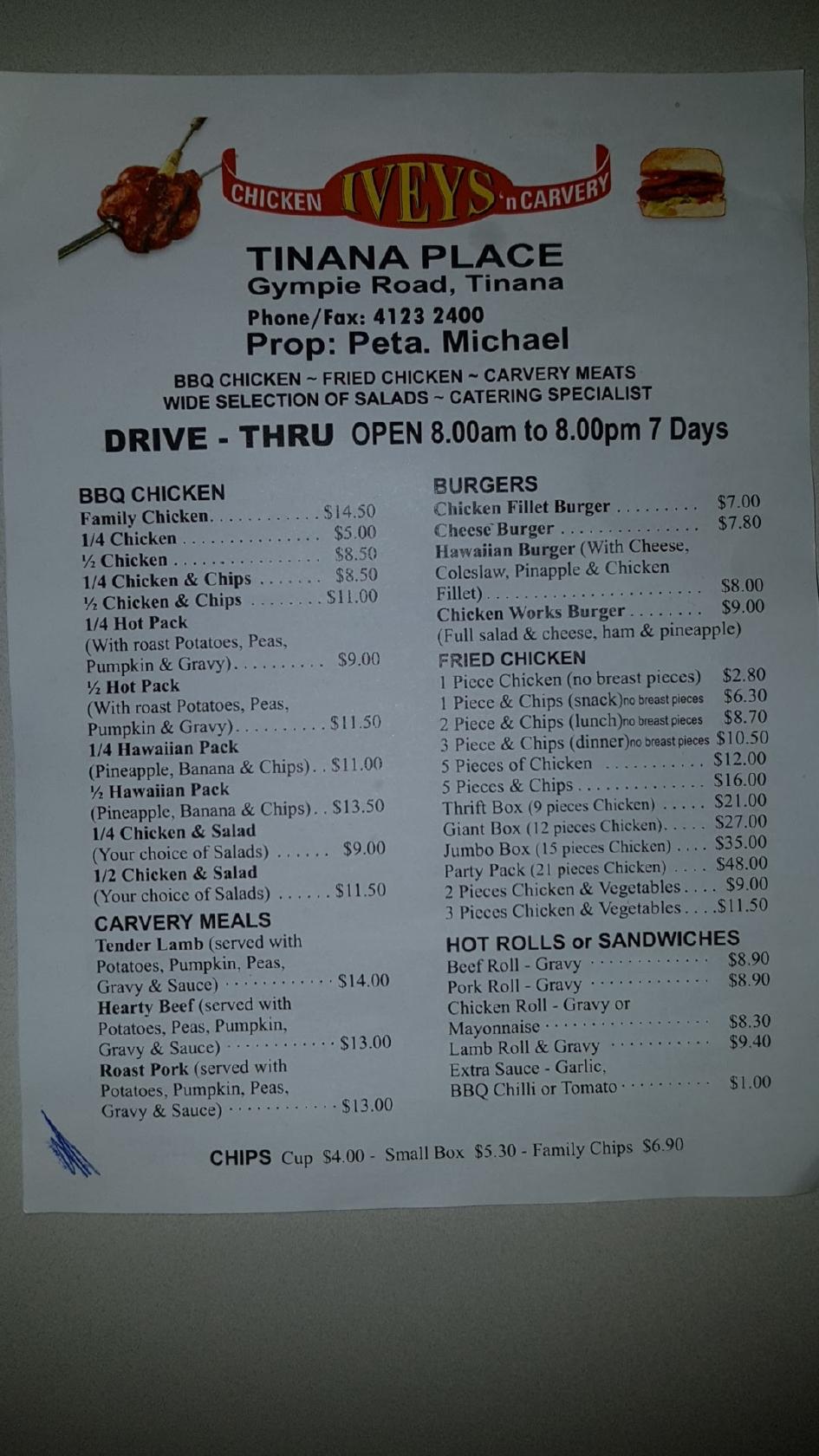 Menu at Ivey's Chicken & Carvery restaurant, Tinana, Shop 6/24 Gympie Rd