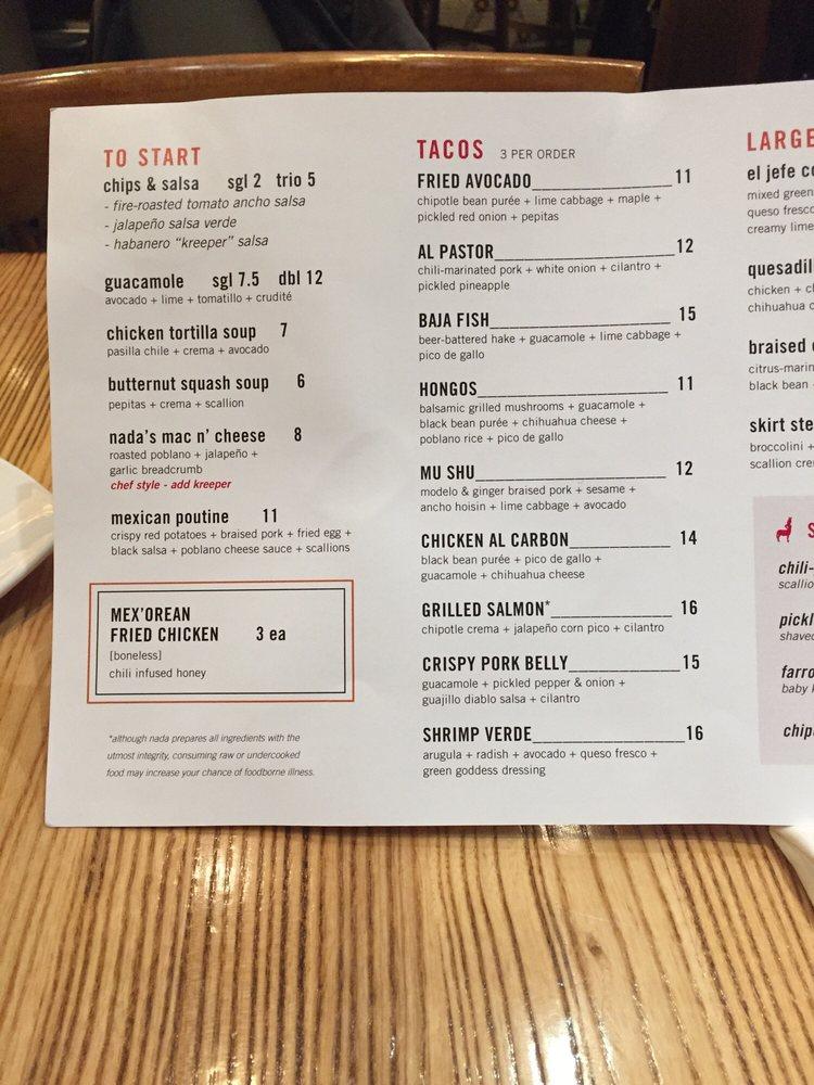 Menu at Nada pub & bar, Indianapolis