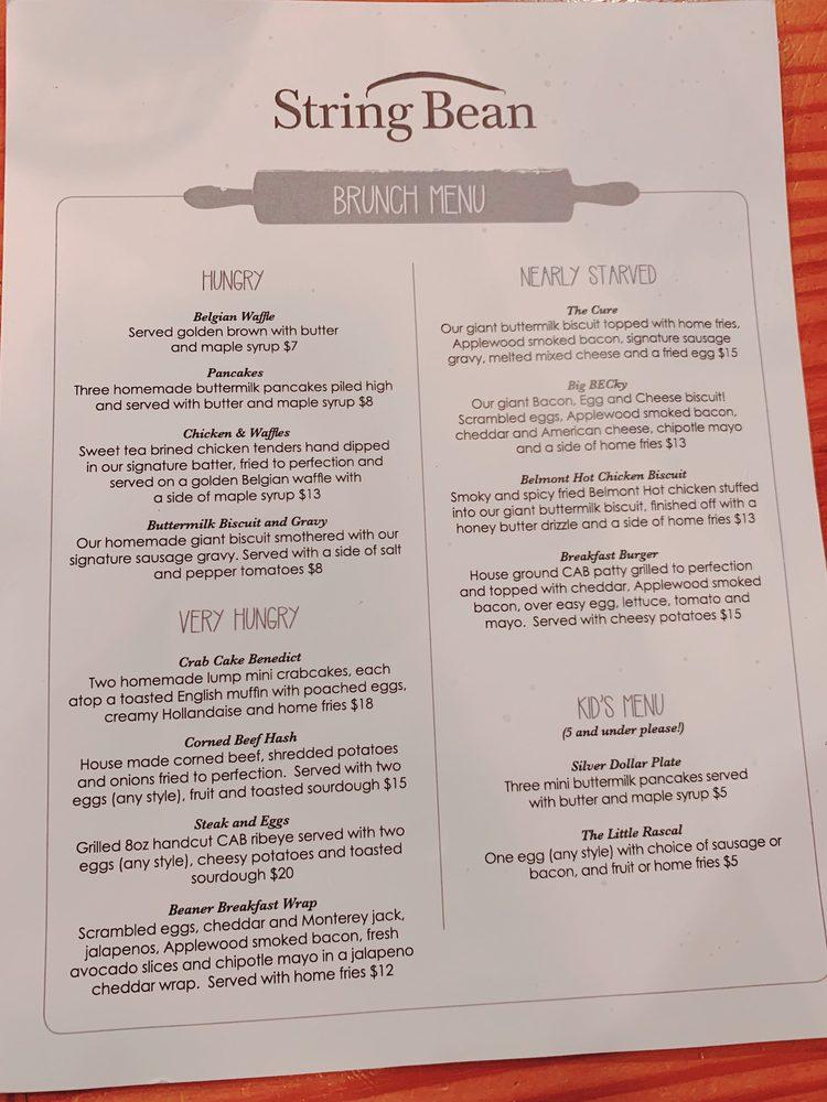 Menu at The String Bean restaurant, Belmont