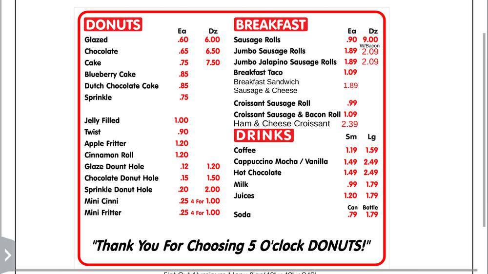 Menu at 5 O'clock Donuts restaurant, Arlington