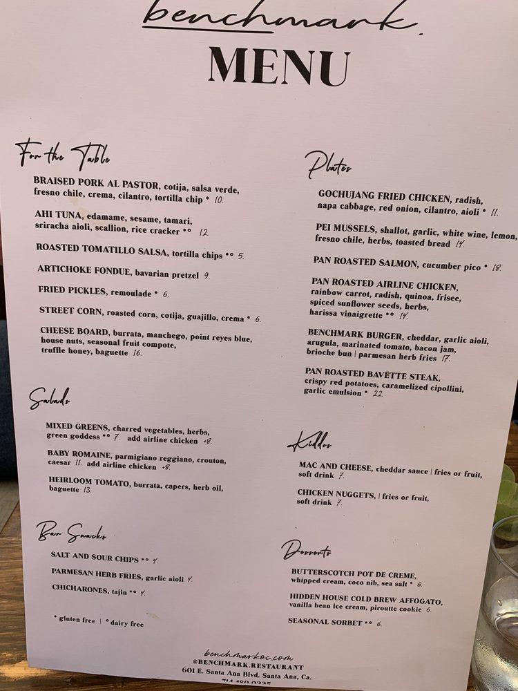 Menu at Benchmark restaurant, Santa Ana
