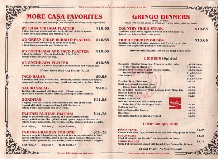 Menu at Casa Bonita restaurant, Lakewood
