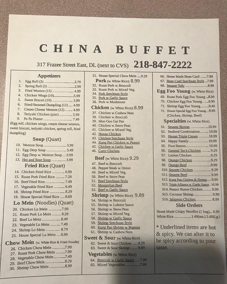 Menu at China Buffet restaurant, Detroit Lakes, 317 Frazee St E