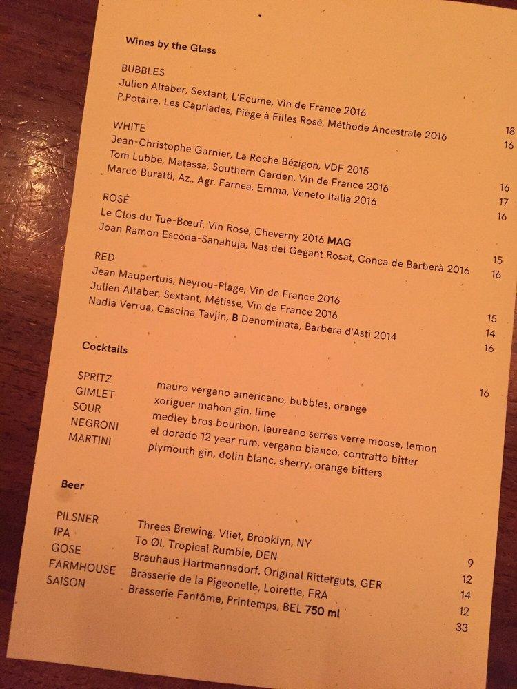 Menu at Contra restaurant, New York City