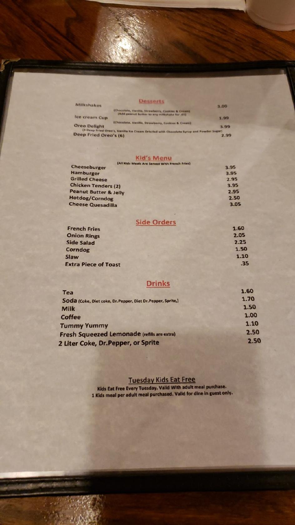 Carta del restaurante Crawford's, Cowpens, S Main St
