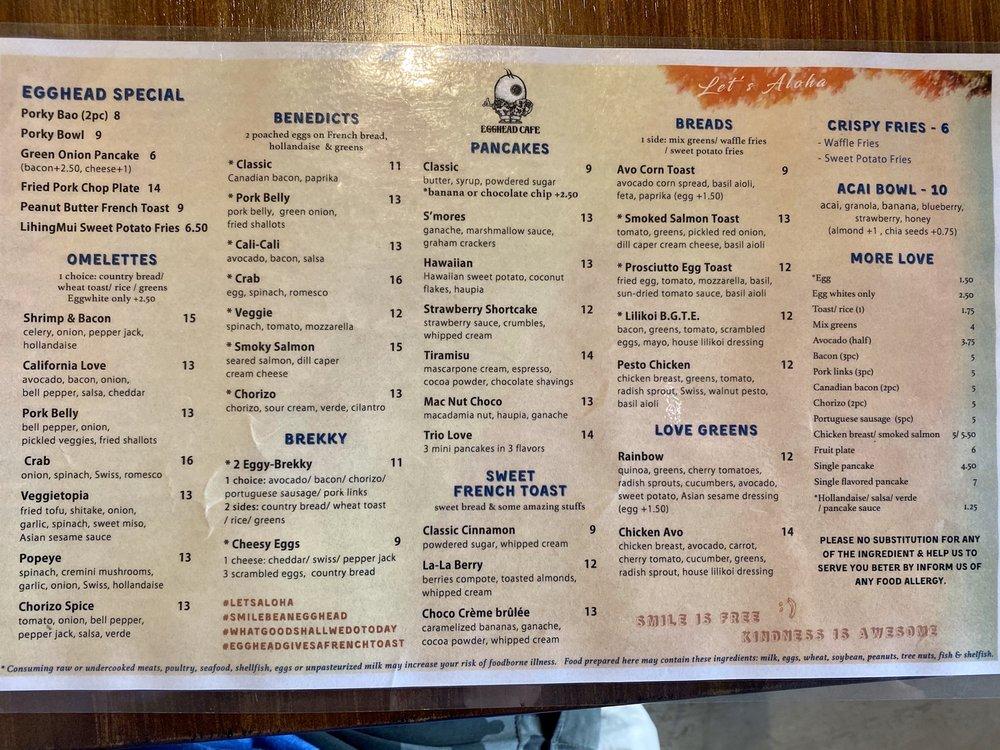 Menu at Egghead Cafe, Honolulu, Dillingham Blvd #8