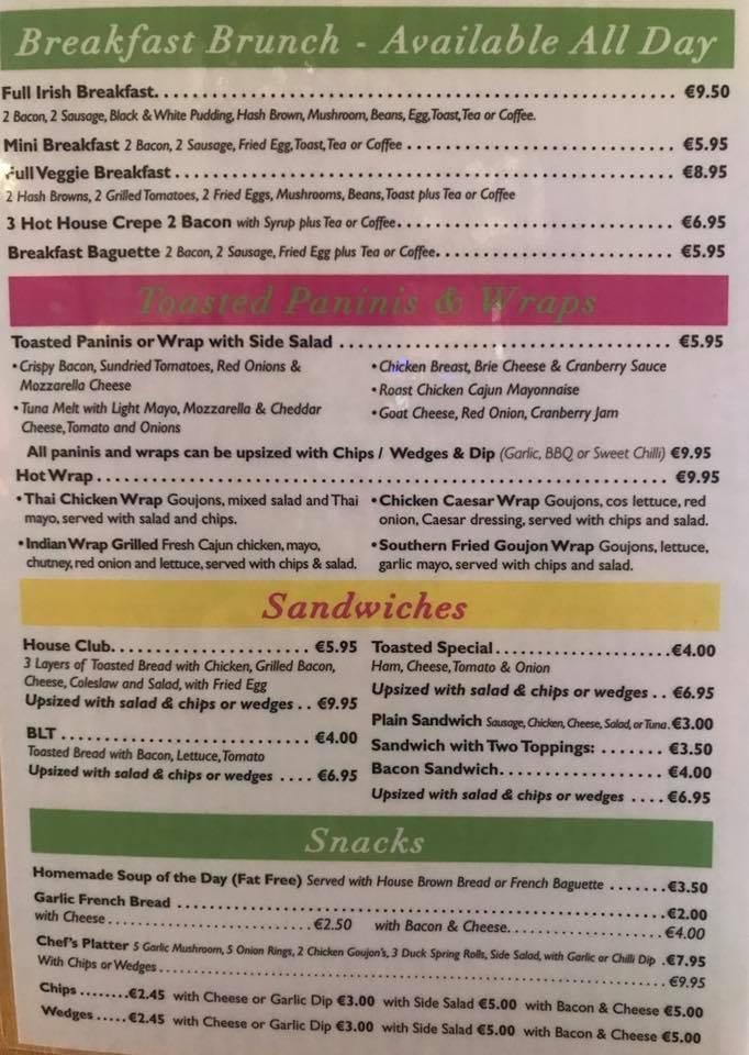 Menu at J-One Cafe, Athy