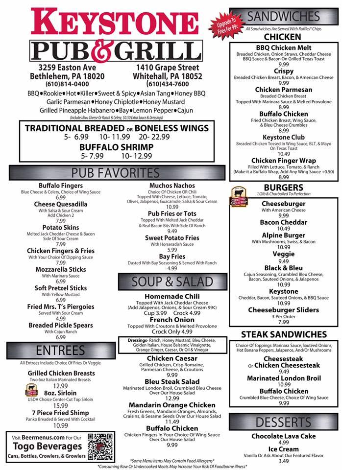 Menu at Keystone Pub, Bethlehem