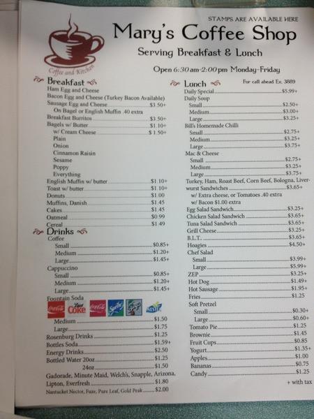 Menu at Mary's Coffee Shop cafe, Norristown