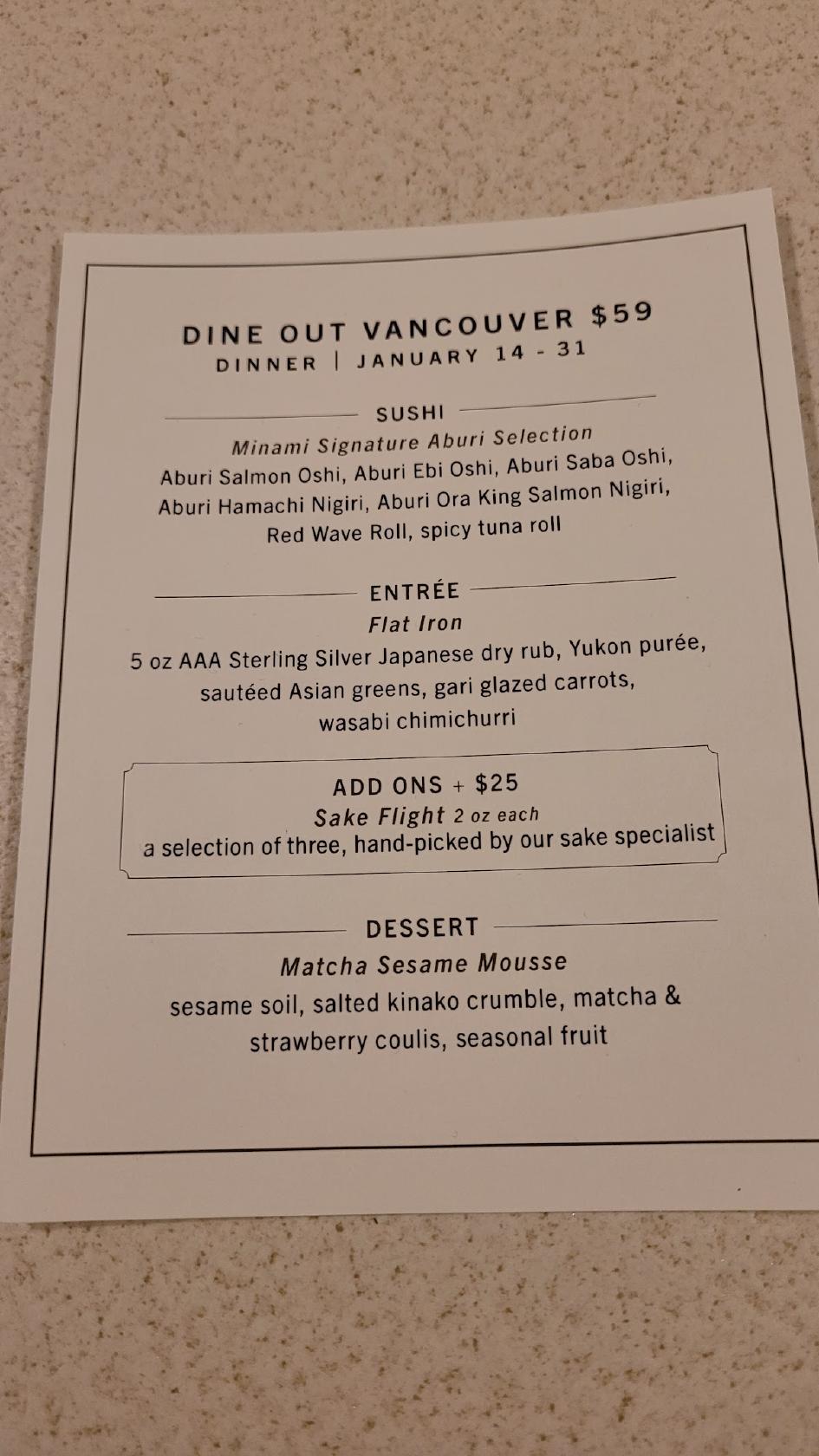 Menu at Minami restaurant, Vancouver