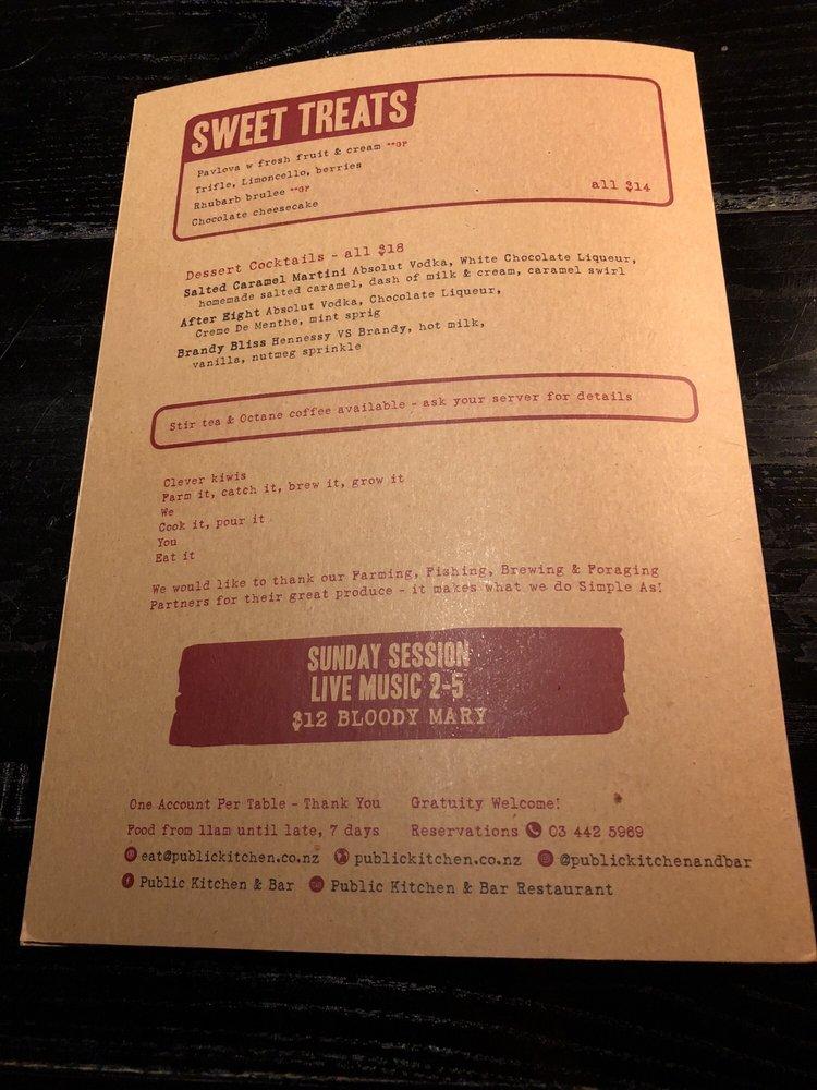 Menu at Public Kitchen and Bar, Queenstown