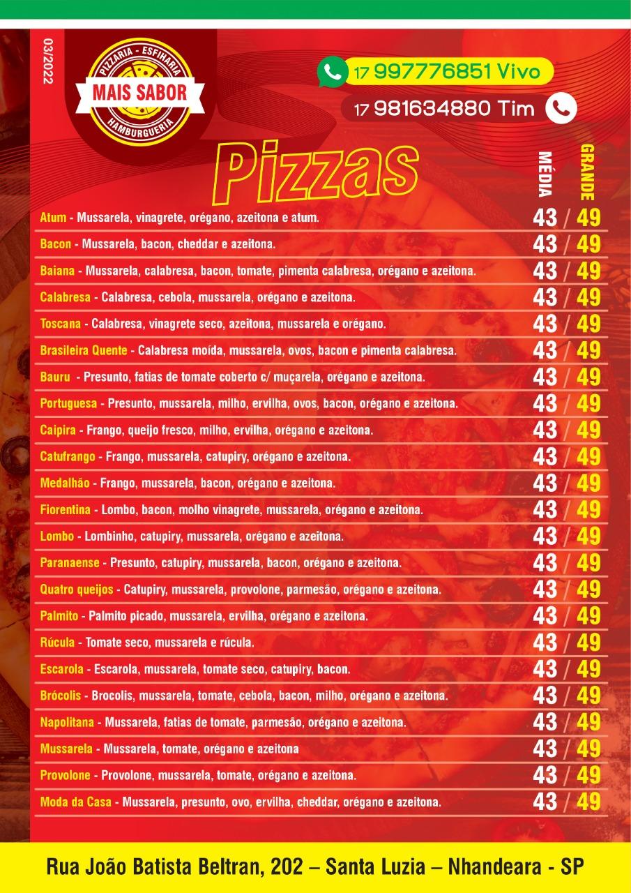 Carta de Restaurante Mais Sabor, Nhandeara