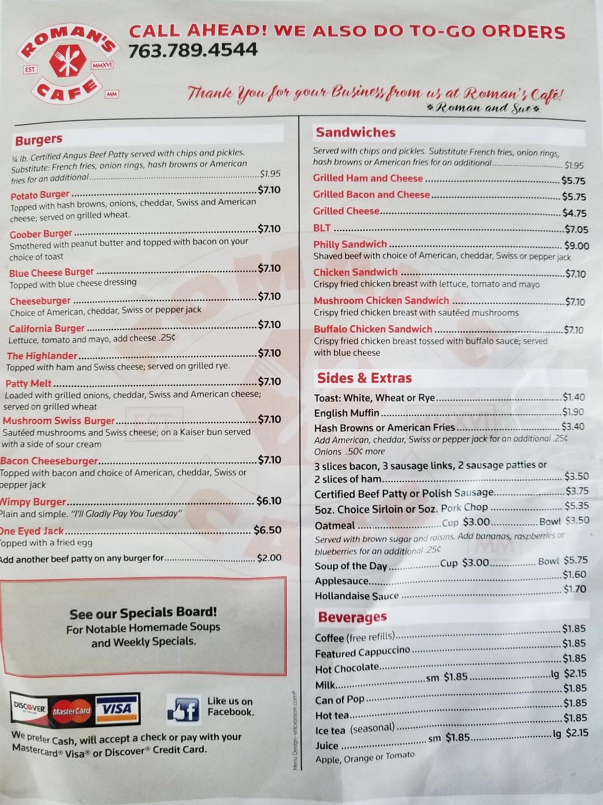 Menu at Roman's Cafe, Columbia Heights