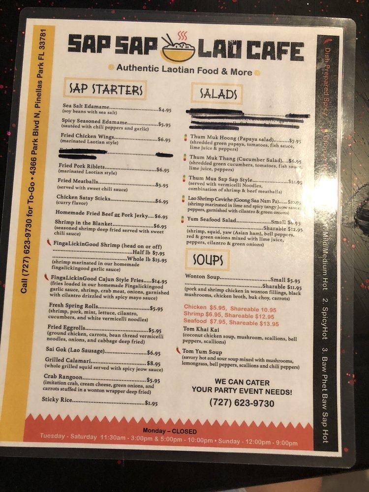 Menu at Sap Sap Lao Cafe, Pinellas Park
