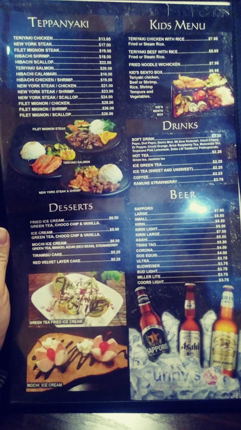 Menu at Sunny's Sushi restaurant, Horizon City