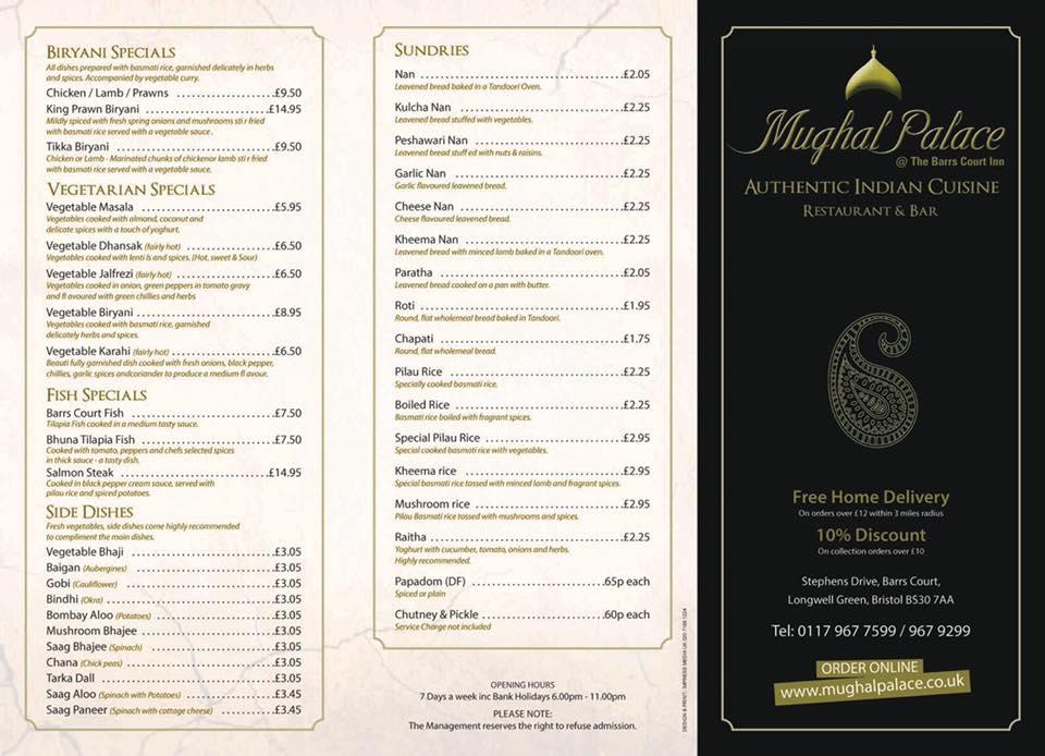 Menu at The Mughal Palace restaurant, Bristol